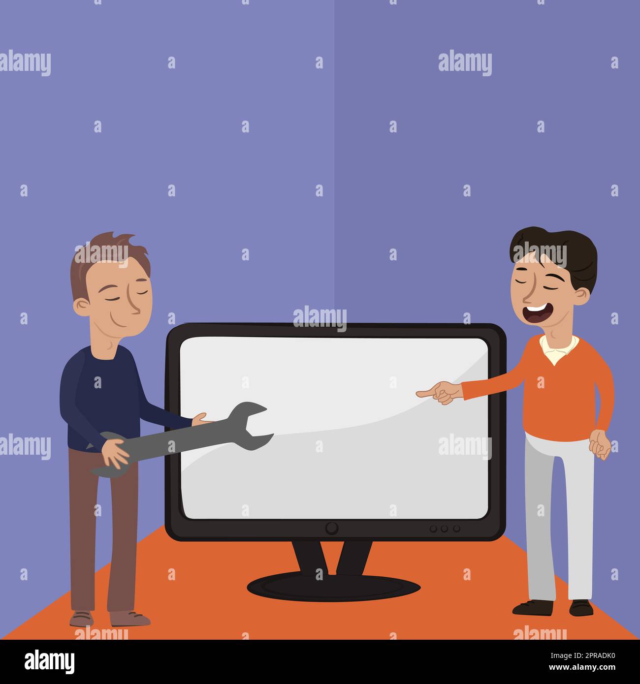 Man Pointing On Tv Screen. Man With Wrench Finding Issues With Device ...