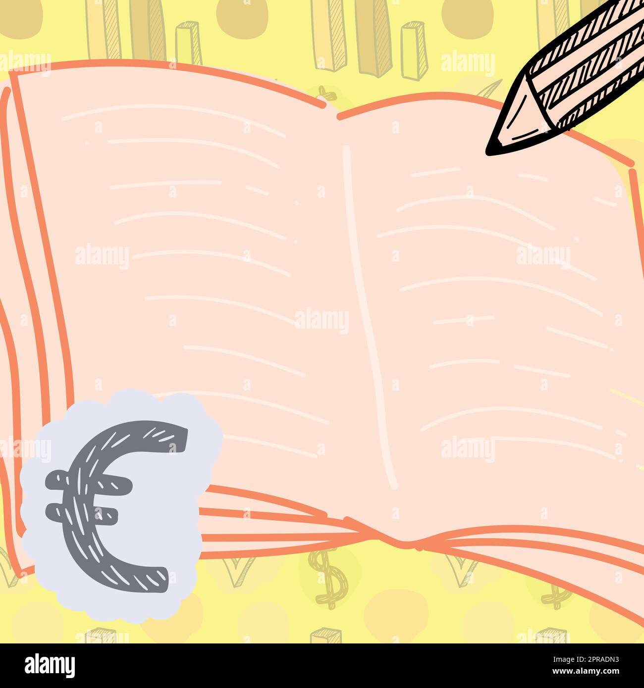 Open Book Drawing With Large Pencil On Top Writing On Blank Sheets Empty Lined Notepad And
