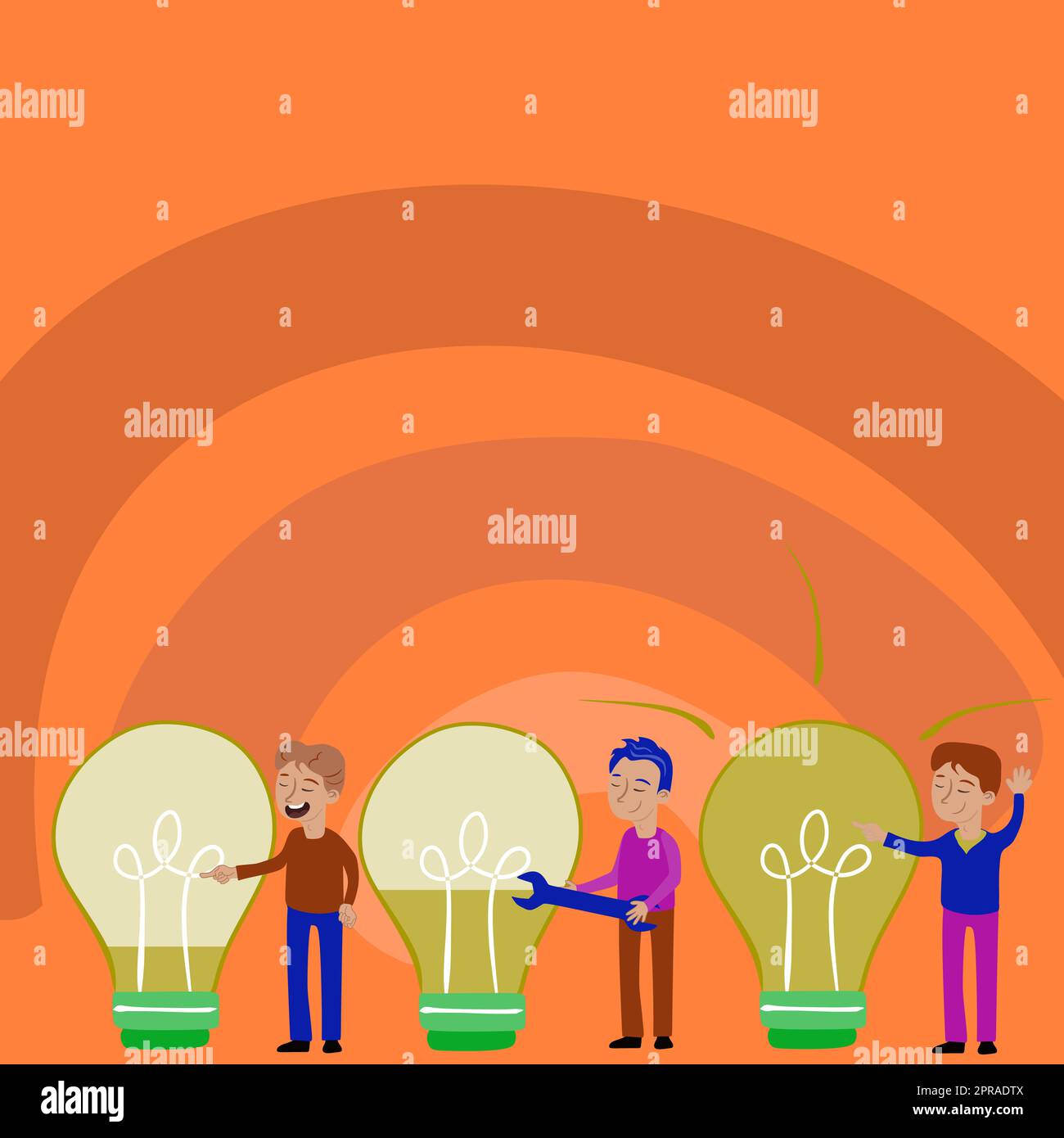 Three Person Fixing Electric Bulbs With Wrenches. Leader Pointing At ...