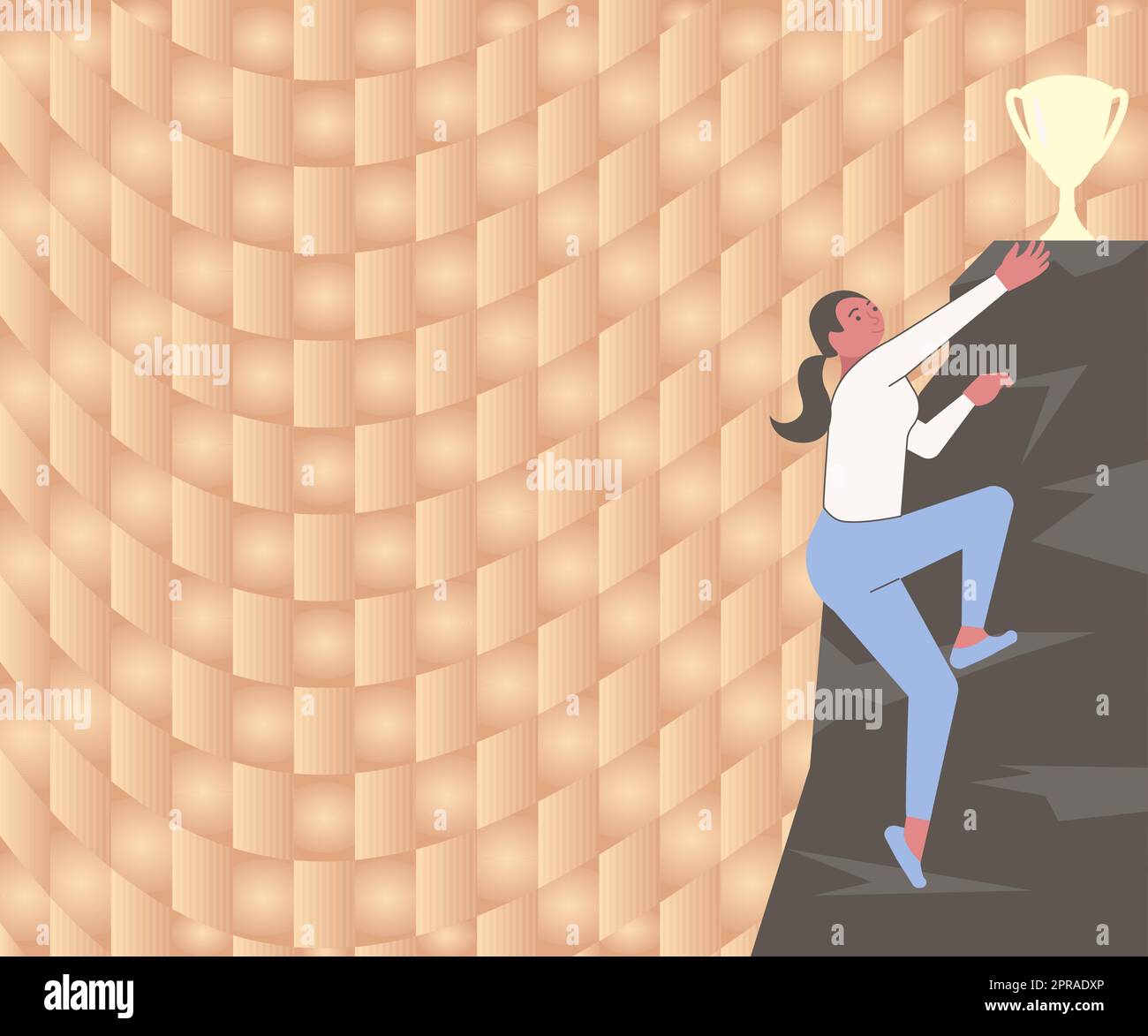 Woman Climbing Mountain Reaching Trophy Representing Successfully ...