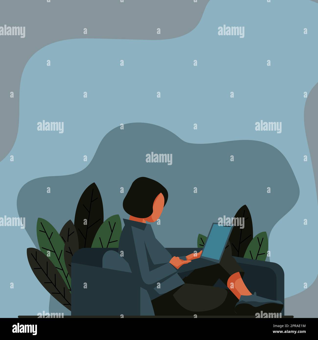 Lady Drawing Sitting Back On Sofa Using Laptop. Woman Relaxing And ...