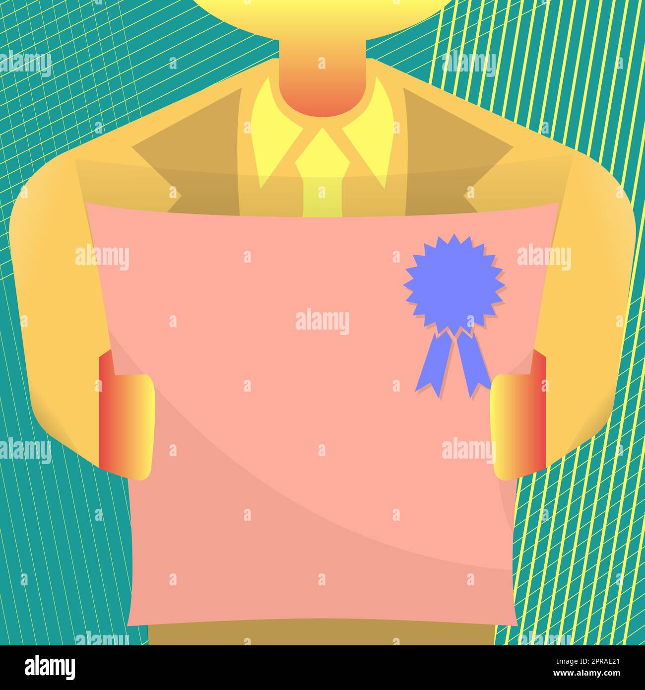 Child In Suit Holding Blank Paper Sheet With Stamp And Ribbons. Hands ...