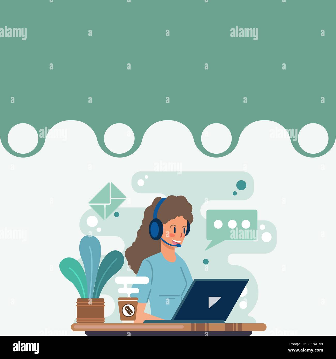 Lady Call Center Illustration With Headphones And Computer Speech ...