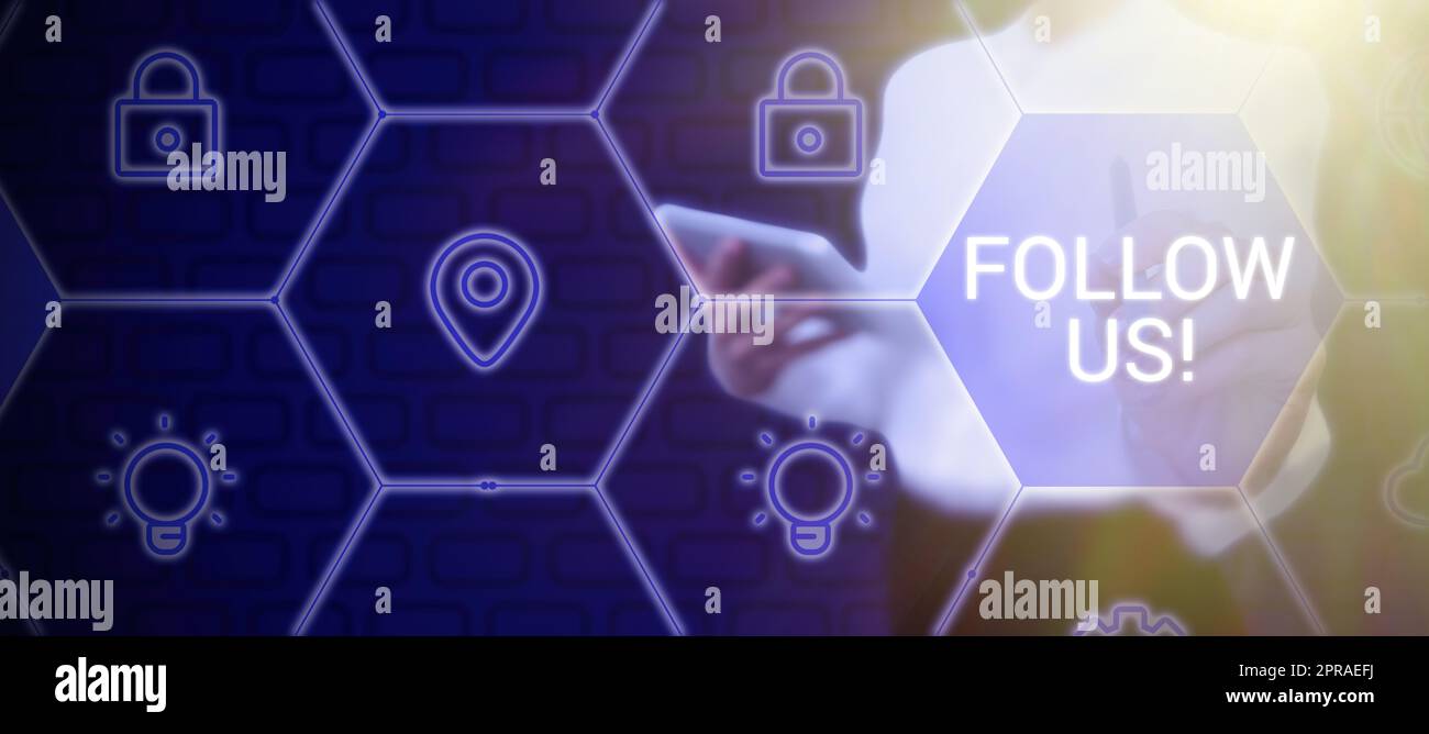 Conceptual caption Follow Us. Business idea Act of person to invite an ...