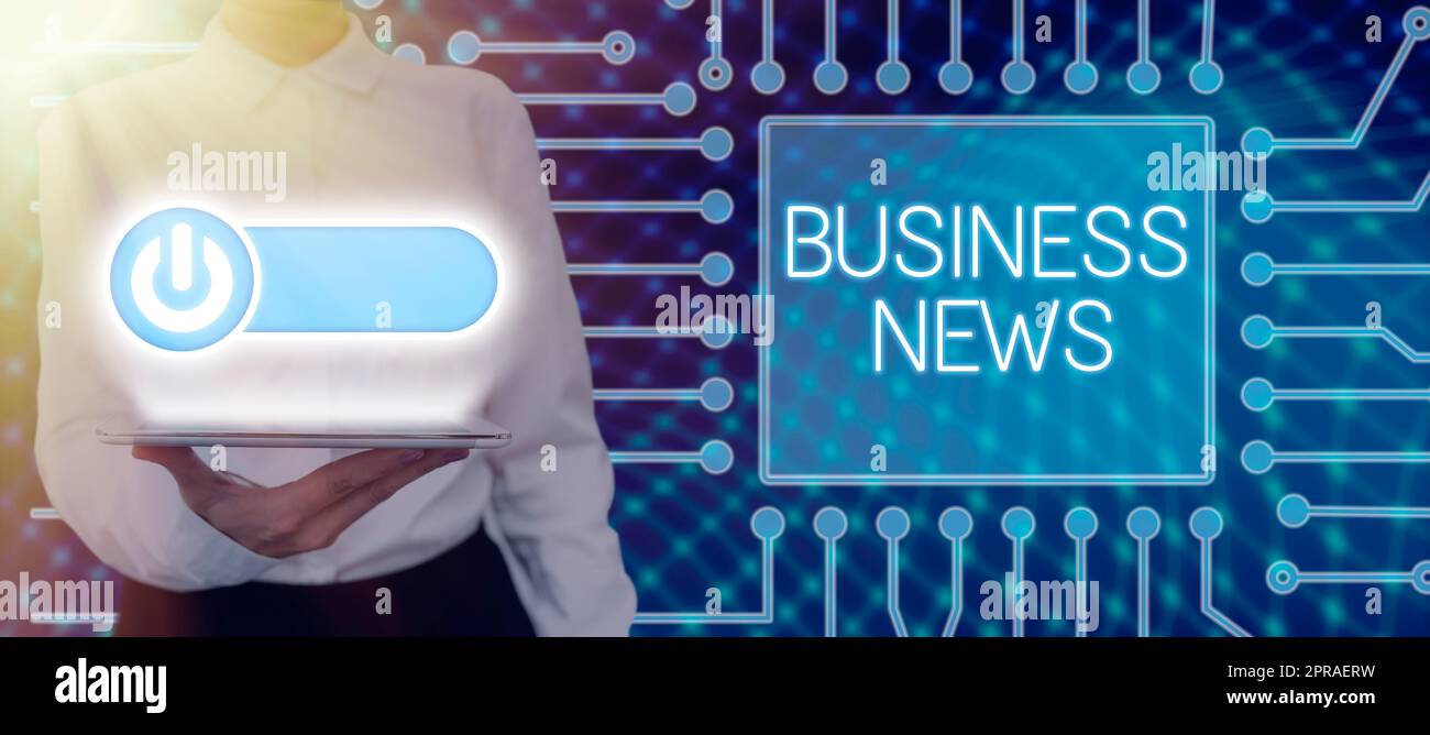 Hand writing sign Business News. Business overview Commercial Notice ...