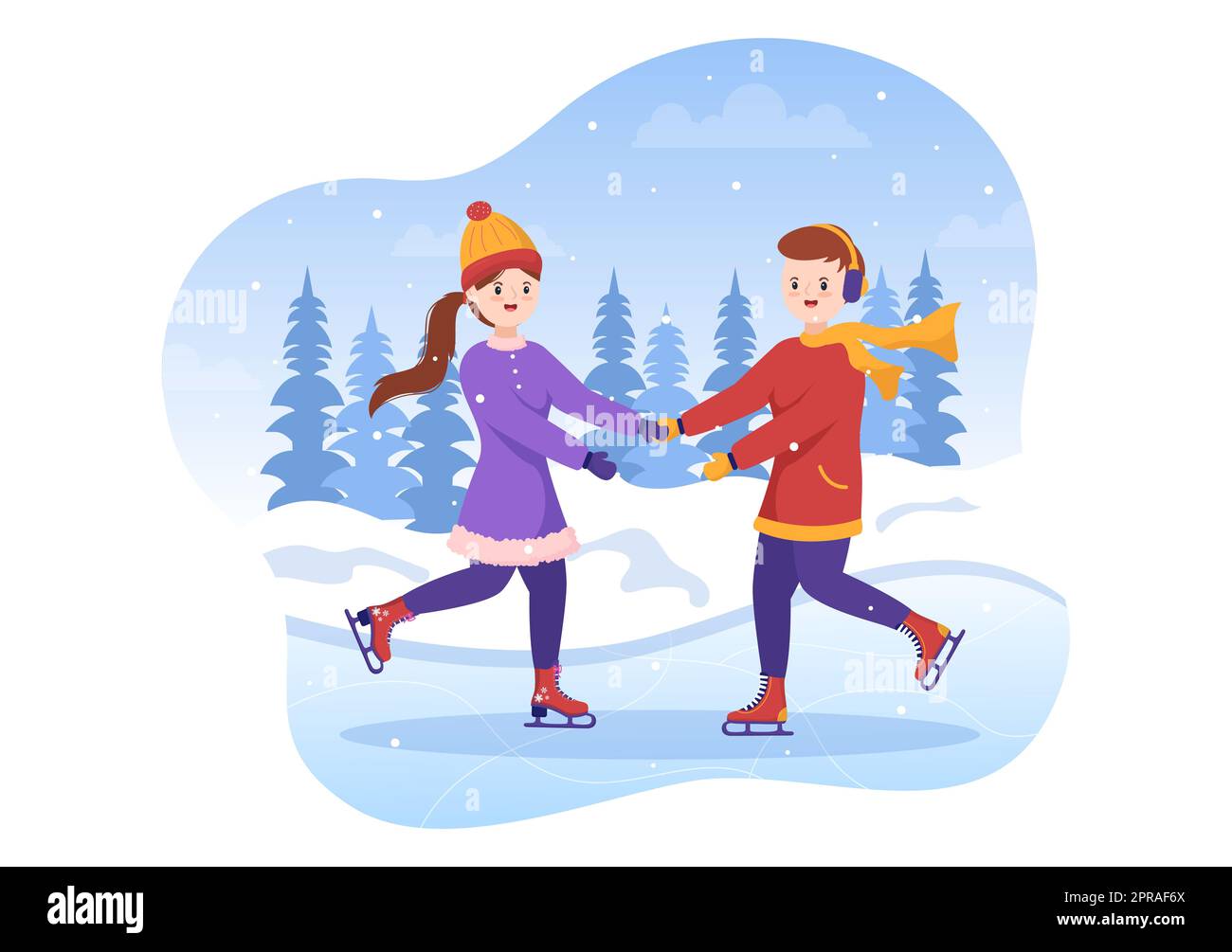 Ice Skating Hand Drawn Cartoon Flat Illustration of Winter Fun Outdoors ...