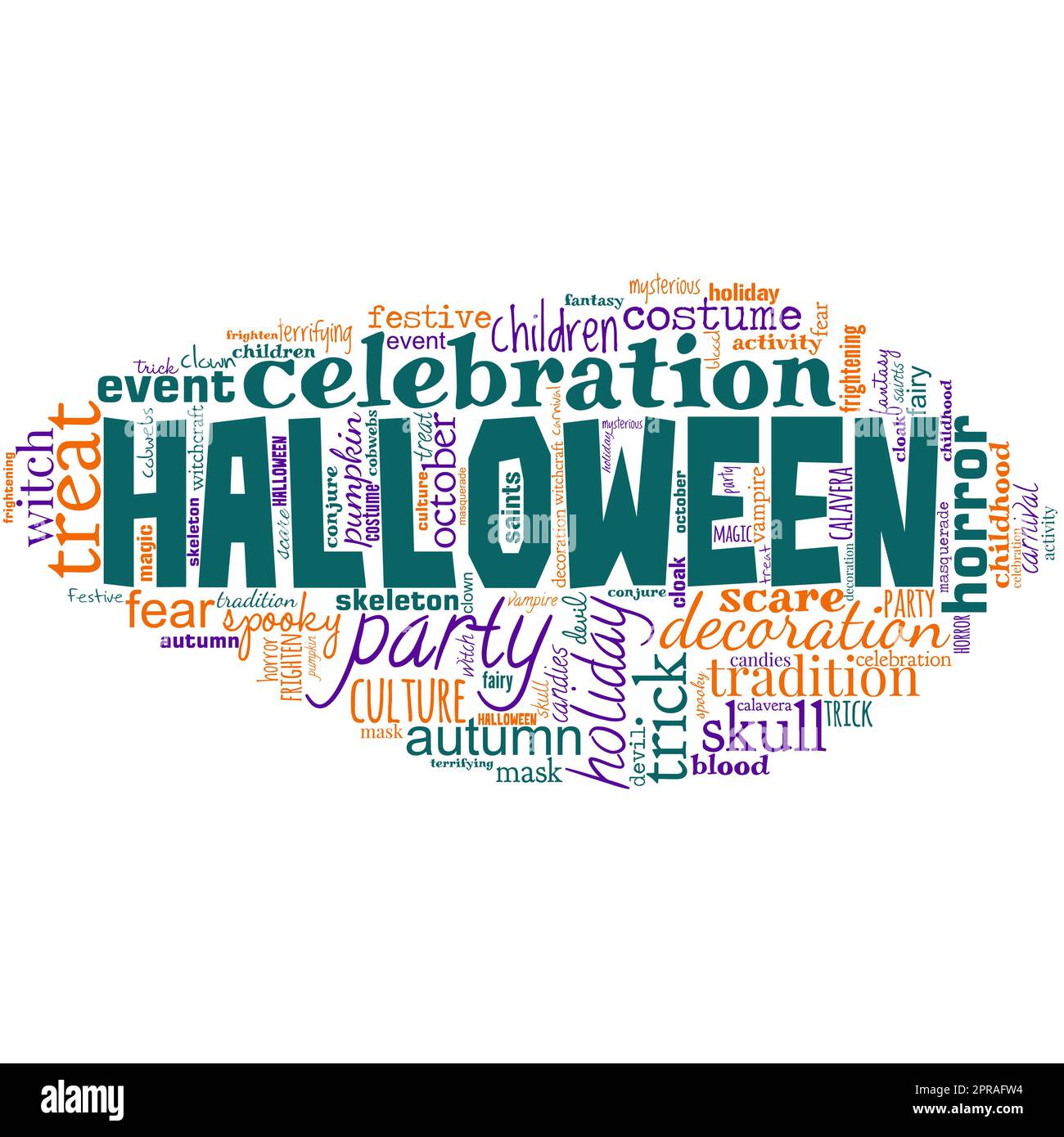 Big word cloud in the shape of a UFO with halloween word. October 31 observed especially with ...