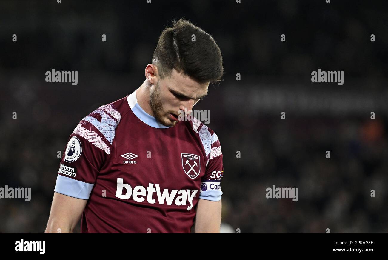 London, UK. 26th Apr, 2023. Declan Rice (West Ham) hangs his head ...