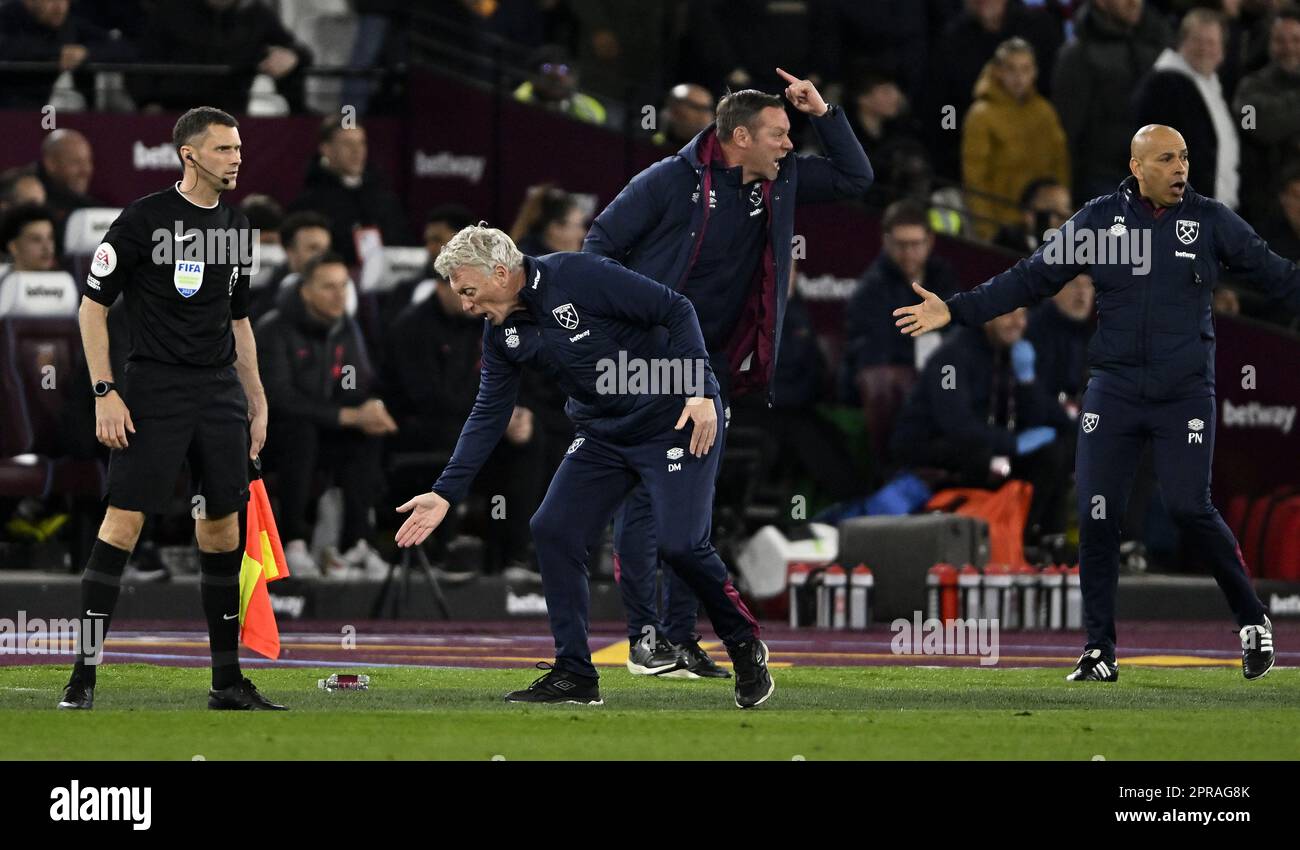 London, UK. 26th Apr, 2023. The West Ham bench all ask for a penalty ...