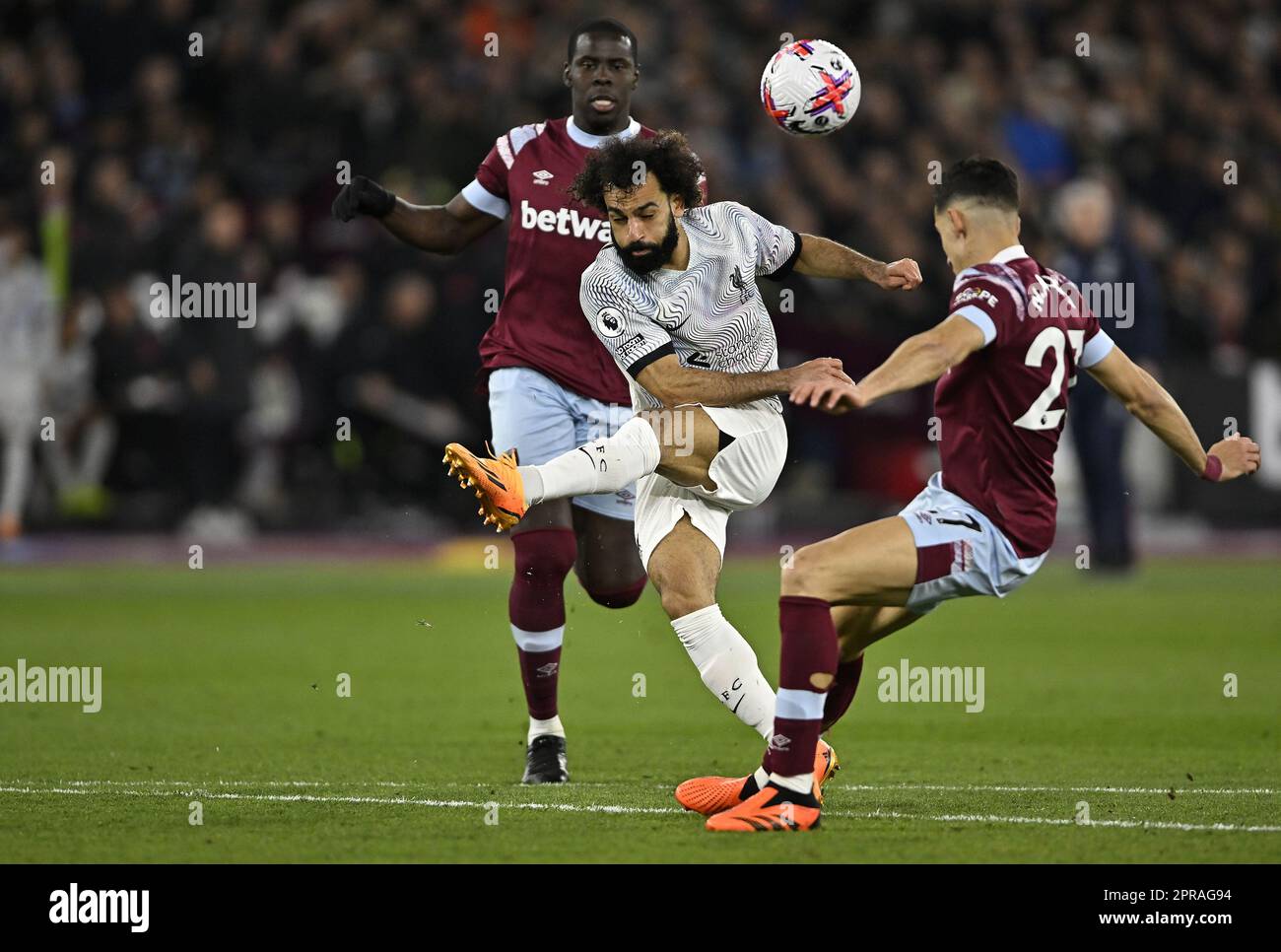 London, UK. 26th Apr, 2023. Mohamed Salah (Liverpool) has a shot ...
