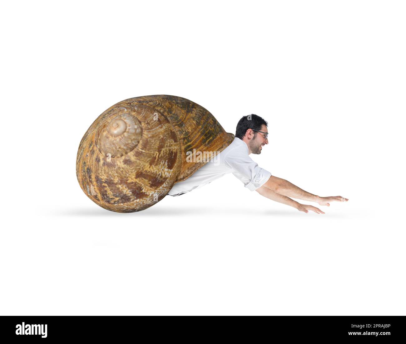 Tired businessman acts like a slow snail Stock Photo - Alamy