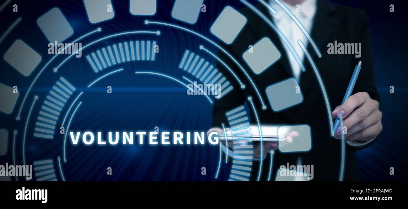 Hand writing sign Volunteering. Business idea Provide services for no ...