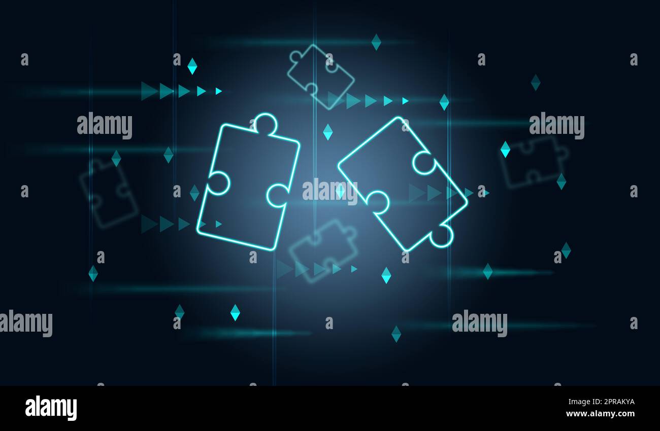 Neon puzzles on a blue abstract background, the concept of finding ...