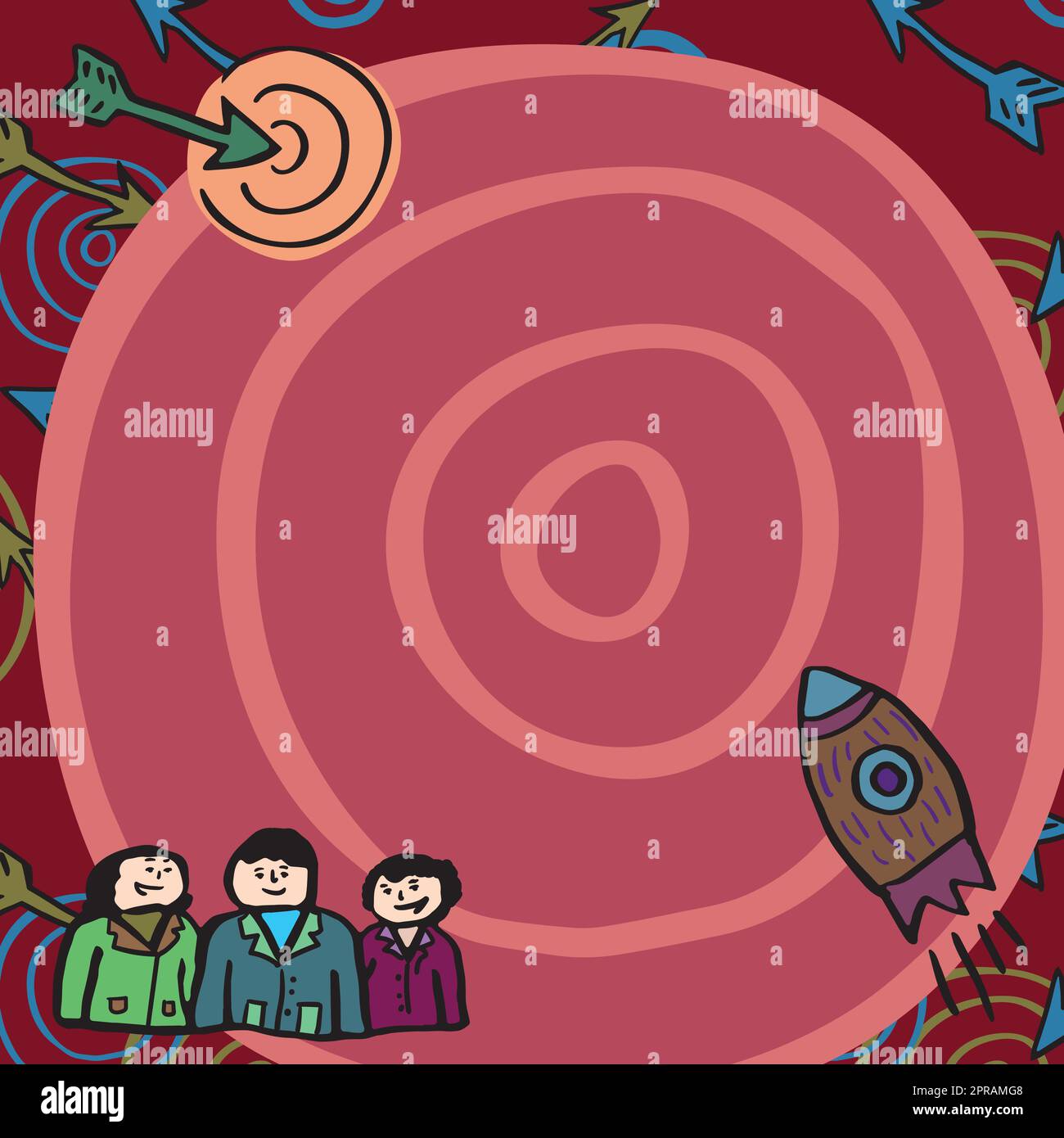 Rocket Ship Launching Fast To Target On Background. Group Of People ...