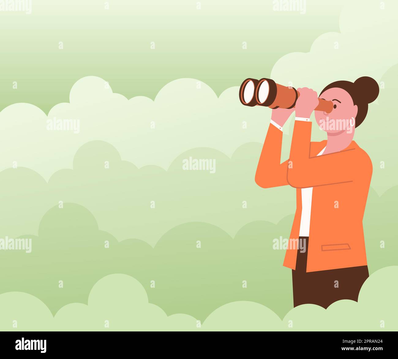 Woman Surrounded With Clouds Looking Through Hand Held Telescope Seeing ...