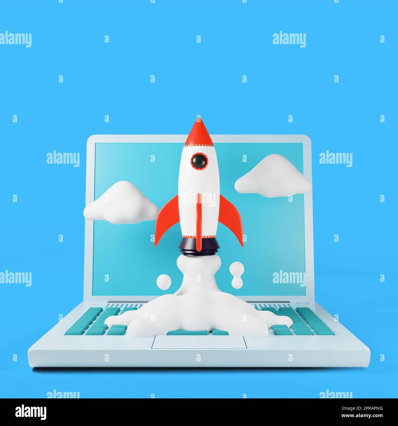 3d render Laptop with rocket launch Stock Photo - Alamy