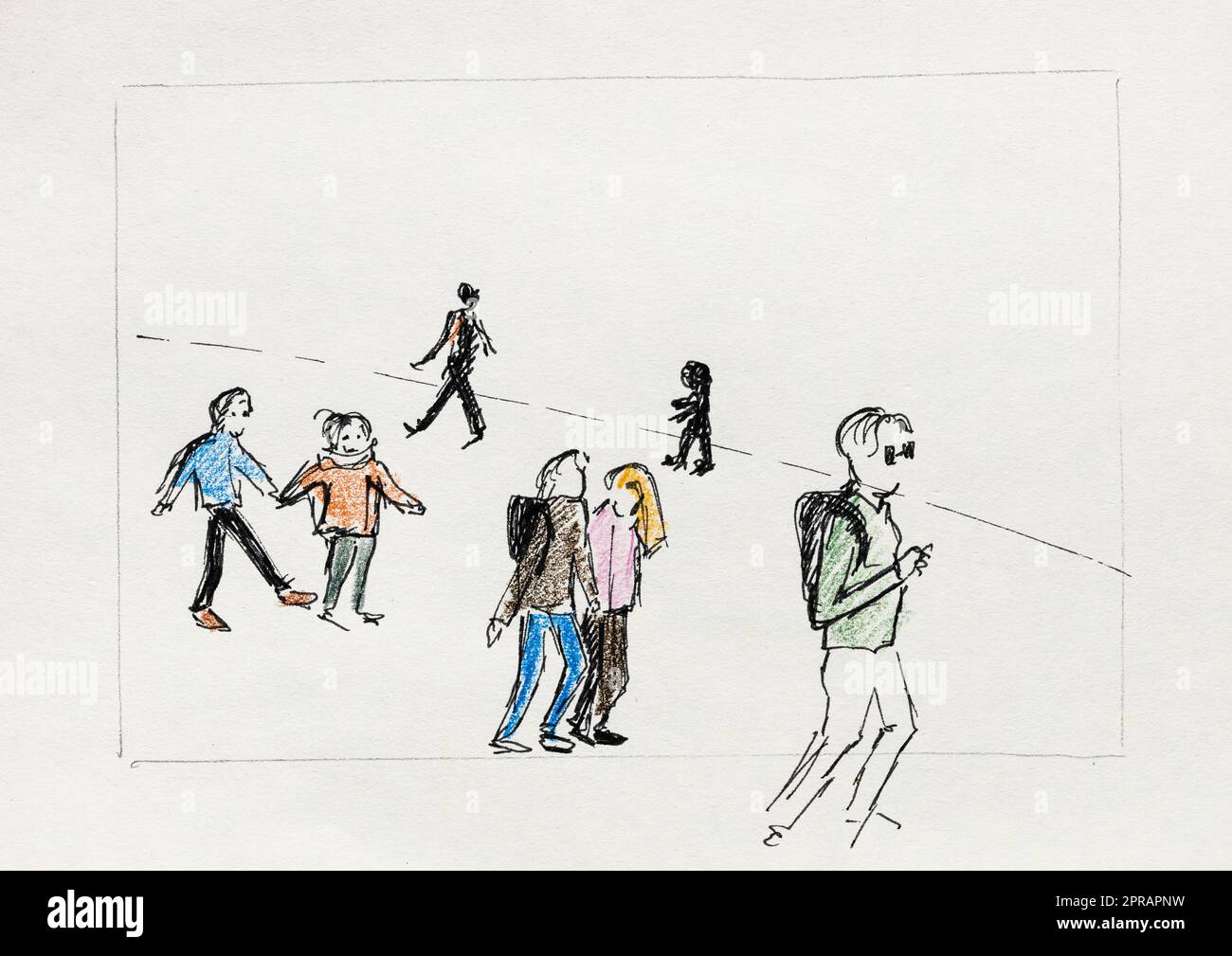 hand-drawn groups of walking people by black pen and color pencils on ...