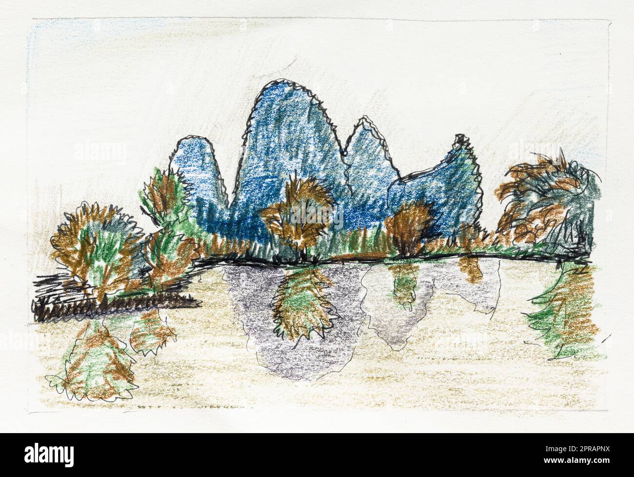 hand-drawn karst peaks in Chinese Yangshuo County by black pen and ...