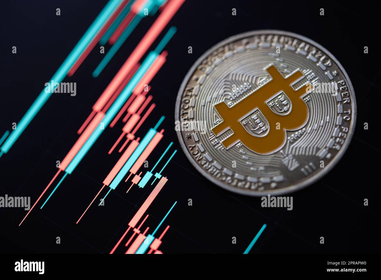 Silver Bitcoin with candle stick graph chart and digital background ...
