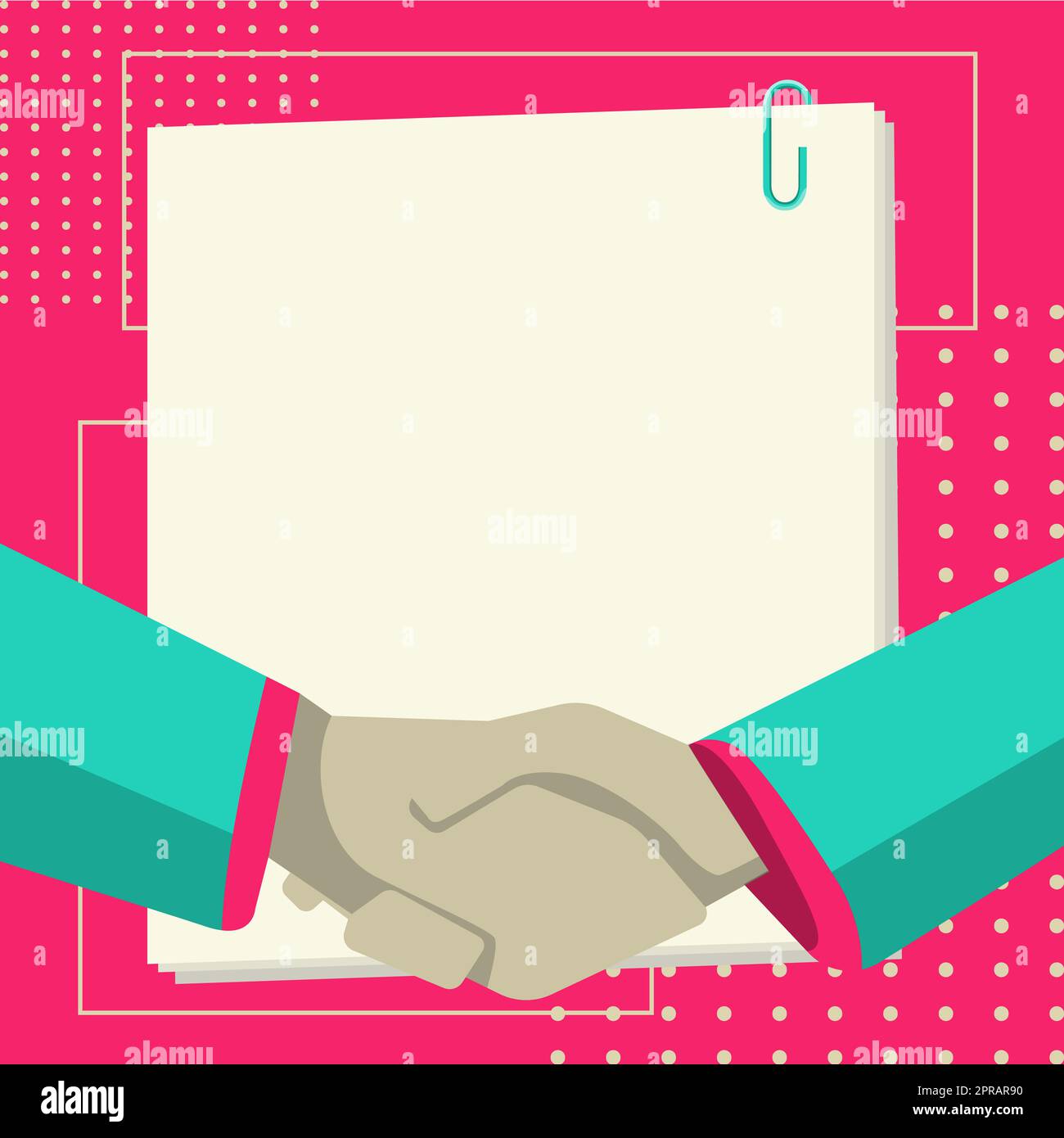 Two Colleagues Shaking Hands Accomplishing Deal With Pack Of Paper On ...