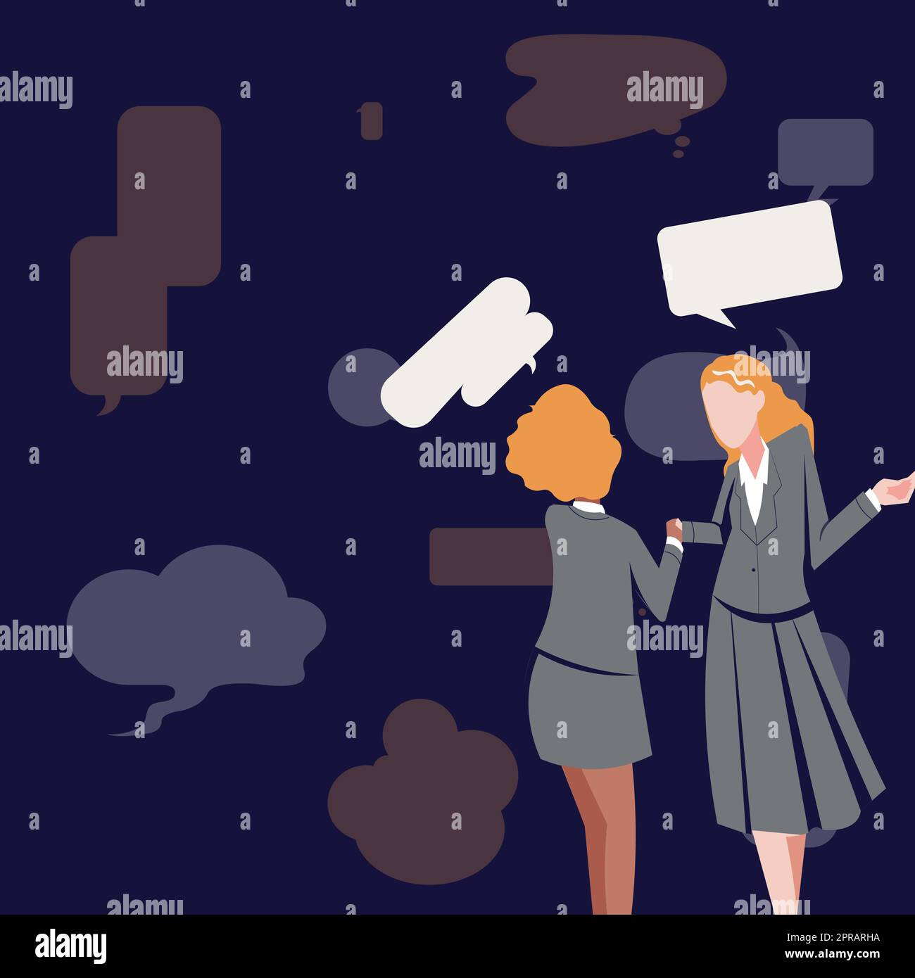 Two Colleagues Standing Sharing Thoughts Together With Speech Bubbles ...