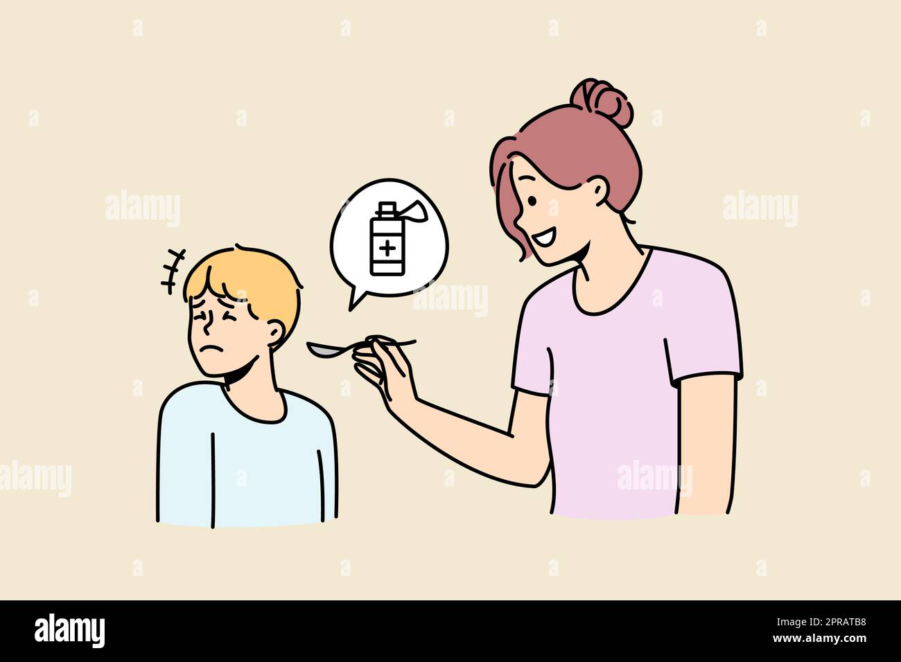 Mother giving unhappy sick child meds. Stubborn ill boy kid refuse ...