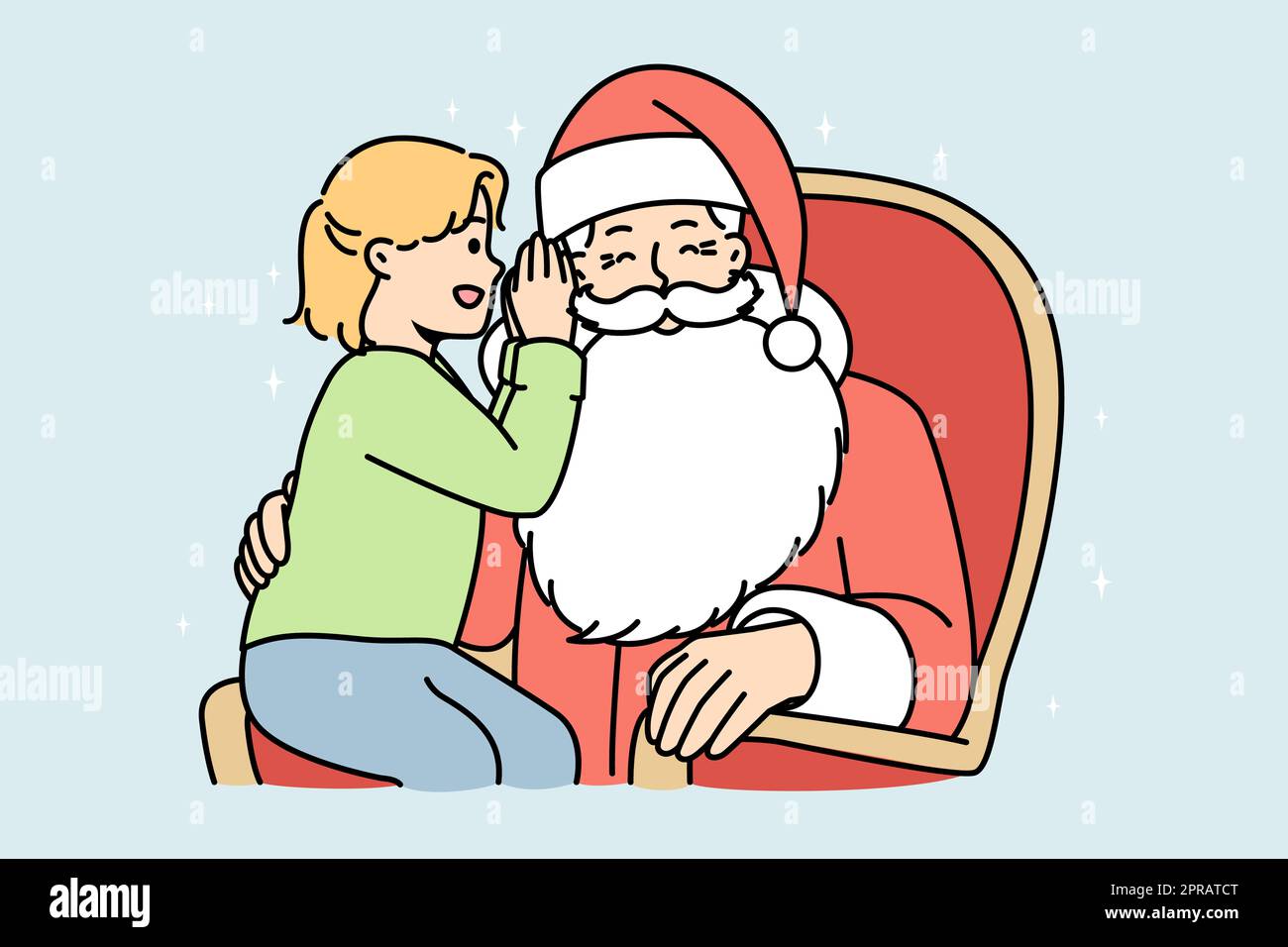 Cute child whisper in Santa Claus ear sitting on laps. Small girl kid ...