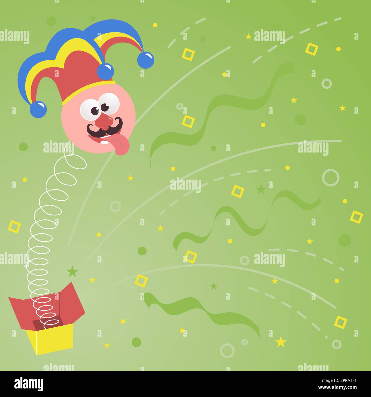 Funny Face With Colorful Hat And Tongue Out Jumping Out Of Box. Clumsy ...