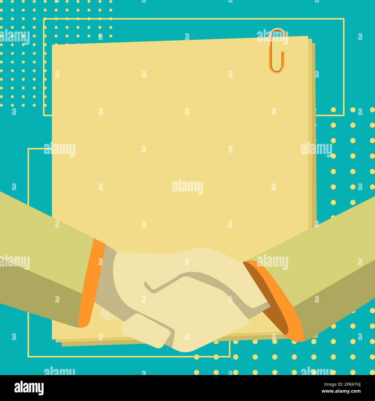 Two Colleagues Shaking Hands Accomplishing Deal With Pack Of Paper On ...