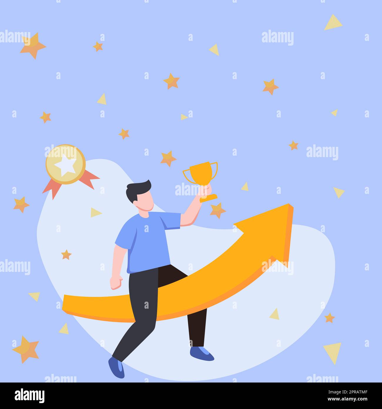 Man Drawing Holding Gold Cup Sitting On Arrow Showing Business Growth. Businessman Design Riding ...