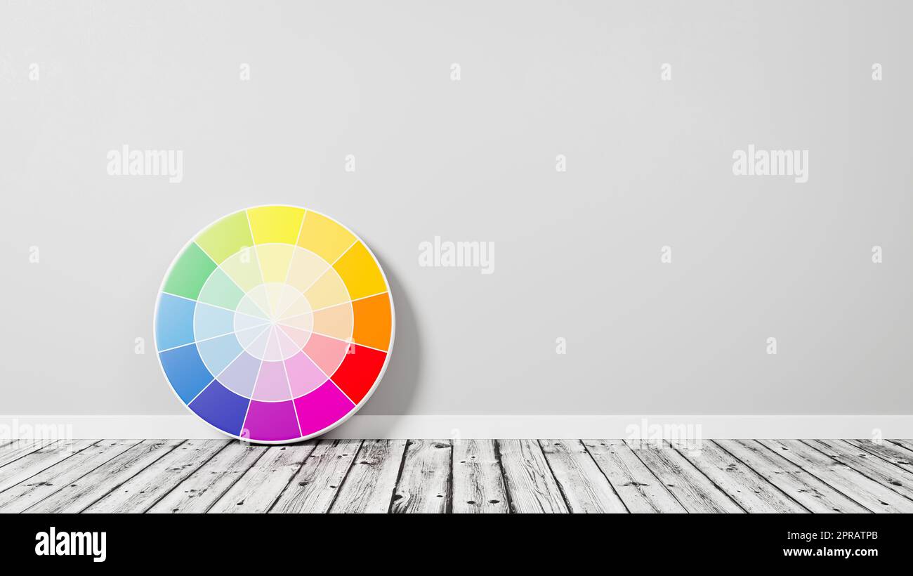 RYB Color Wheel on Wooden Floor Against a Gray Wall with Copy Space 3D ...