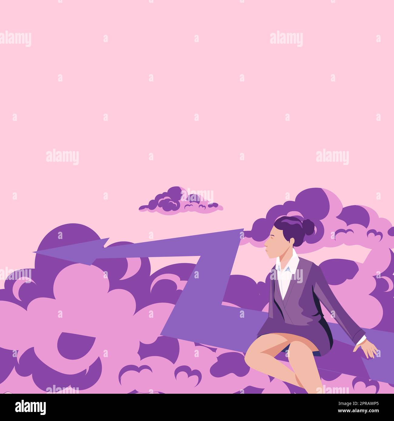 Lady Sitting Arrow Representing Financial Success. Lady Reaching Cloudy ...