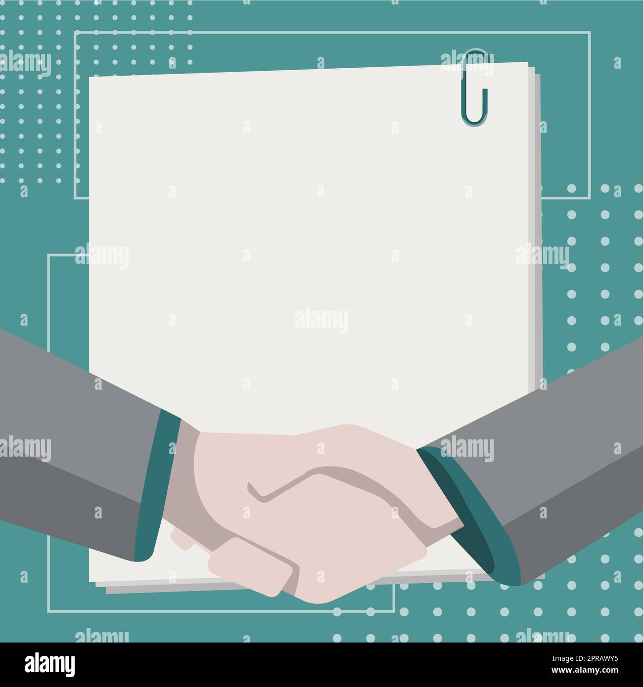 Two Colleagues Shaking Hands Accomplishing Deal With Pack Of Paper On ...