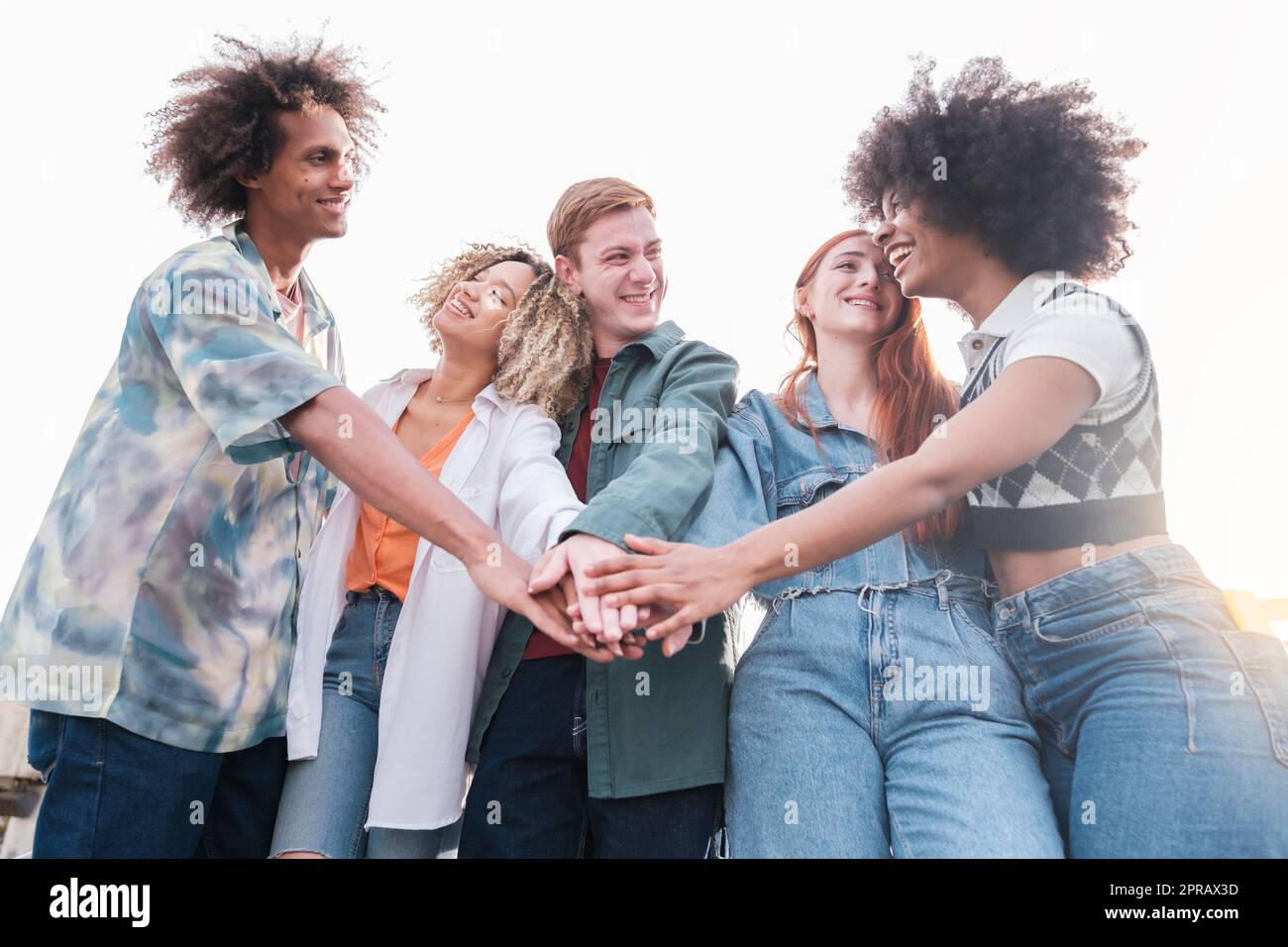 Group of young friends from different origins joining hands and working as a team. Concept ...