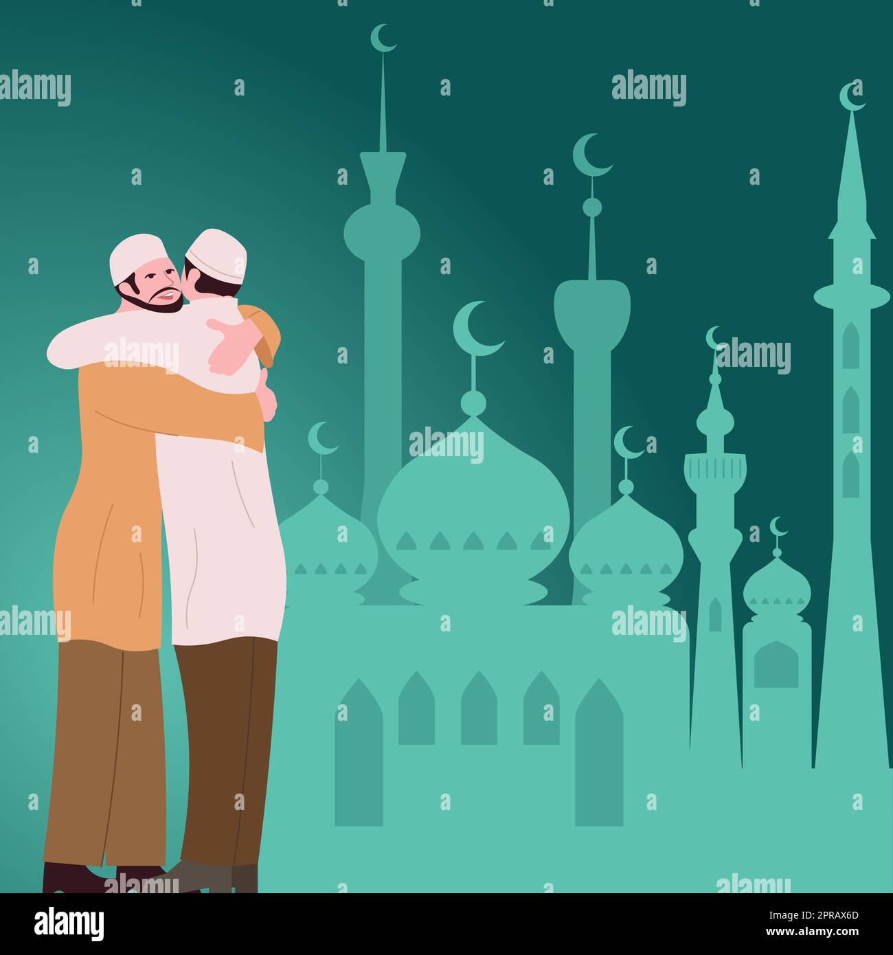 Friends Hugging In Front Of Mosque Celebrating Ramadan. Men In ...