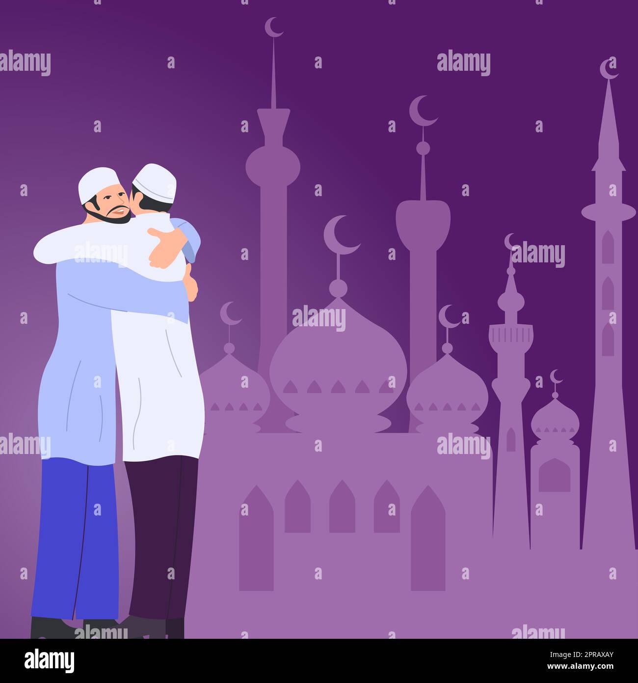 Friends Hugging In Front Of Mosque Celebrating Ramadan. Men In ...