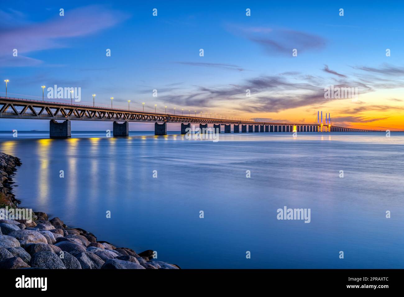 The Oresund bridge between Denmark and Sweden at twilight Stock Photo ...