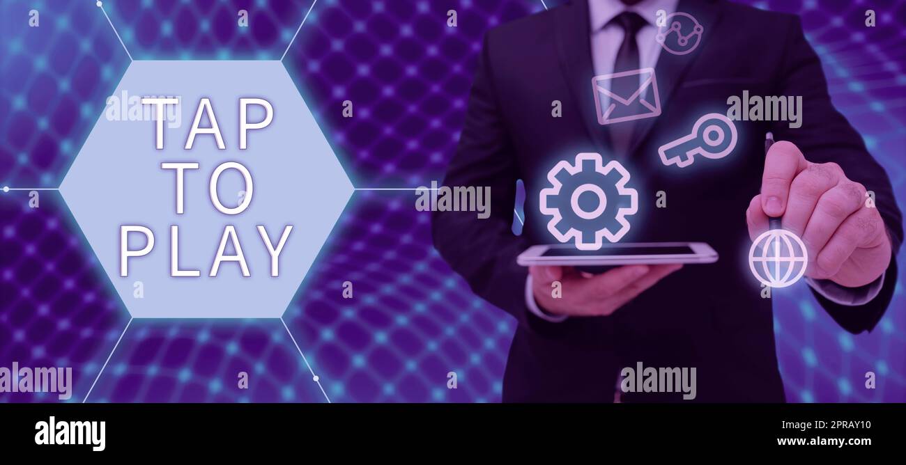 Hand writing sign Tap To Play. Business overview Touch the screen to ...