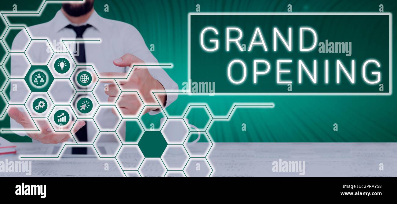 Hand writing sign Grand Opening. Business showcase Ribbon Cutting New ...