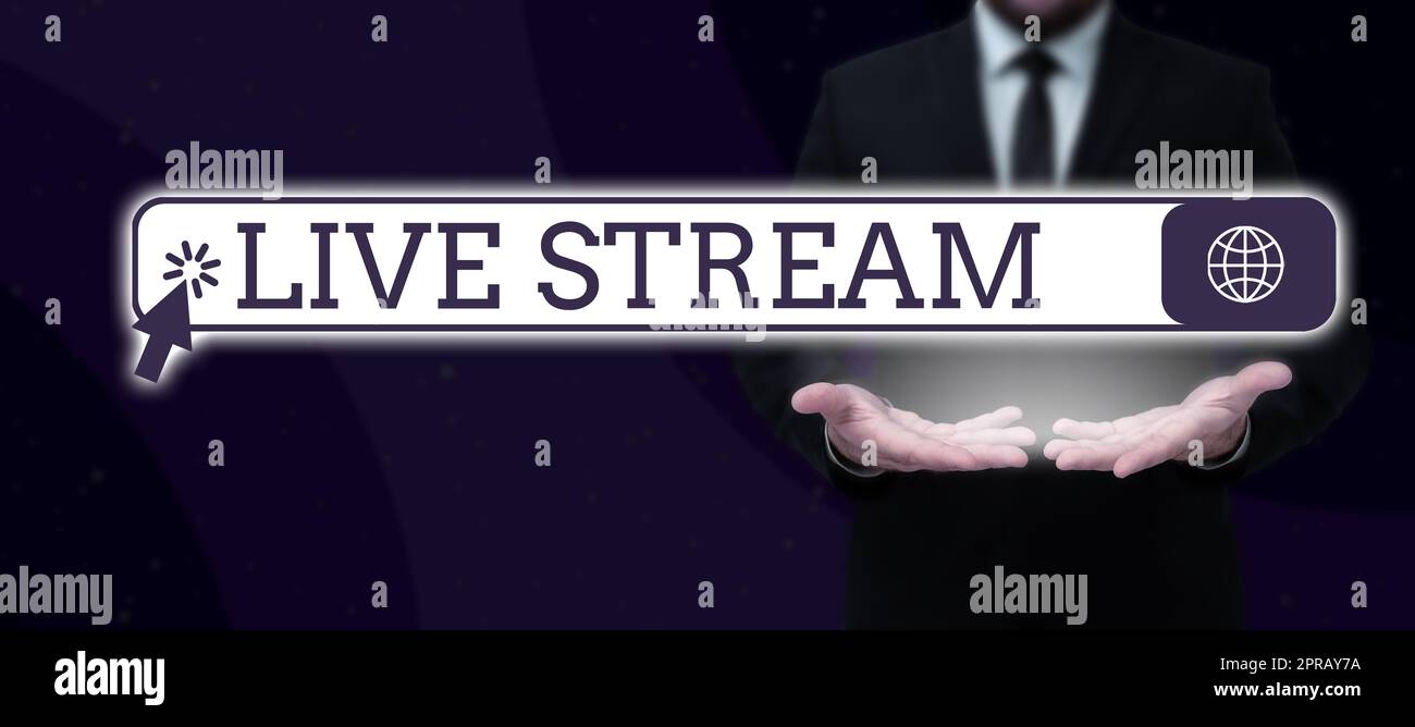 Text caption presenting Live Stream. Business overview transmit or ...