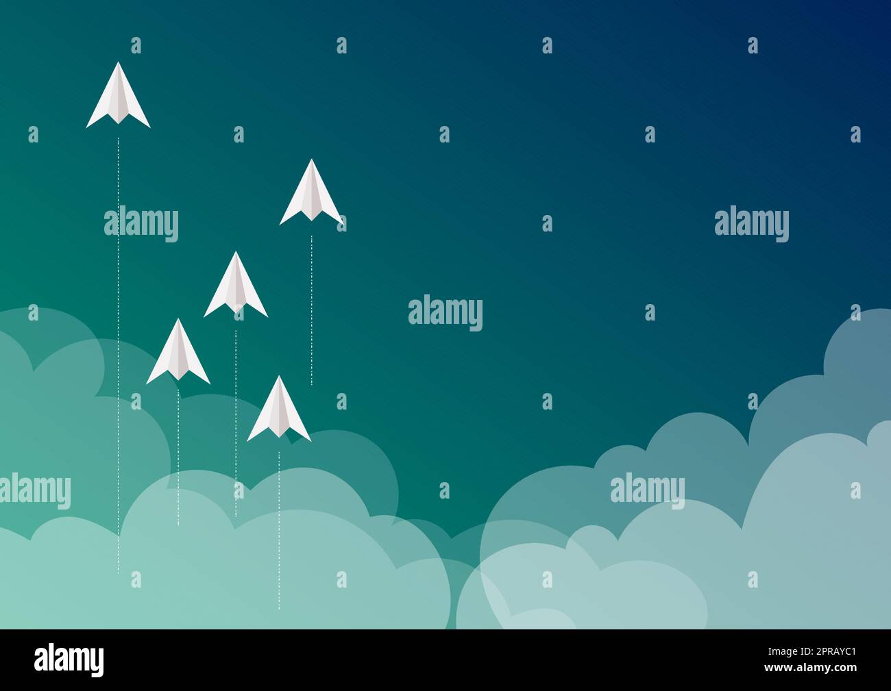 Five paper airplanes flying up sky surrounded with clouds representing achieving goals ...