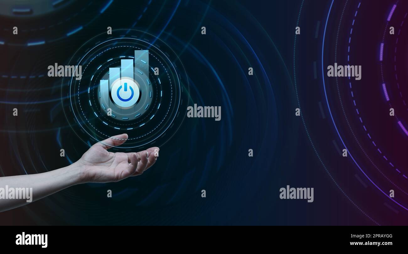 Virtual start button on the holographic screen. Futuristic diagram with ...