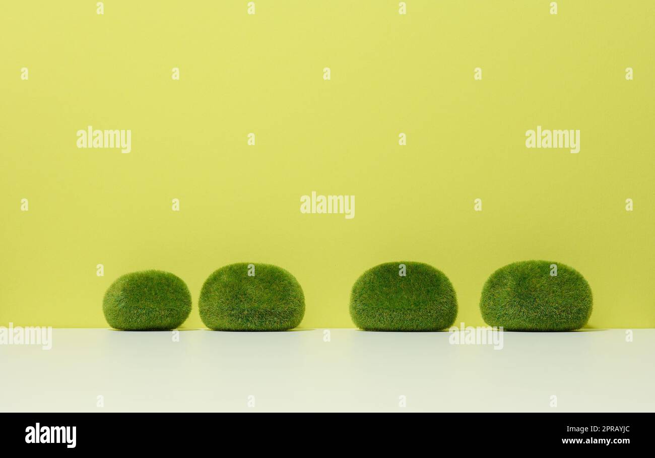 Green pieces of moss and a stage for the demonstration of products ...