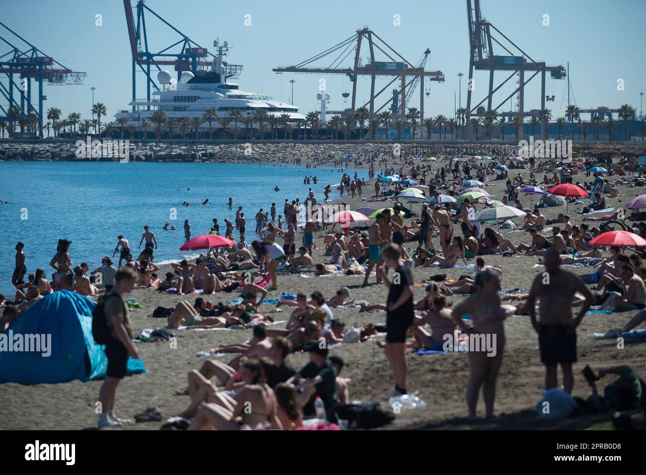 Malaga, Spain. 26th Apr, 2023. Bathers are seen sunbathing at 'La ...