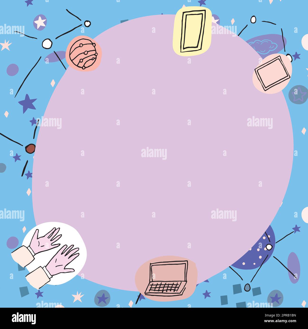 Blank poster decorated with modern technology symbols. Empty frame ...