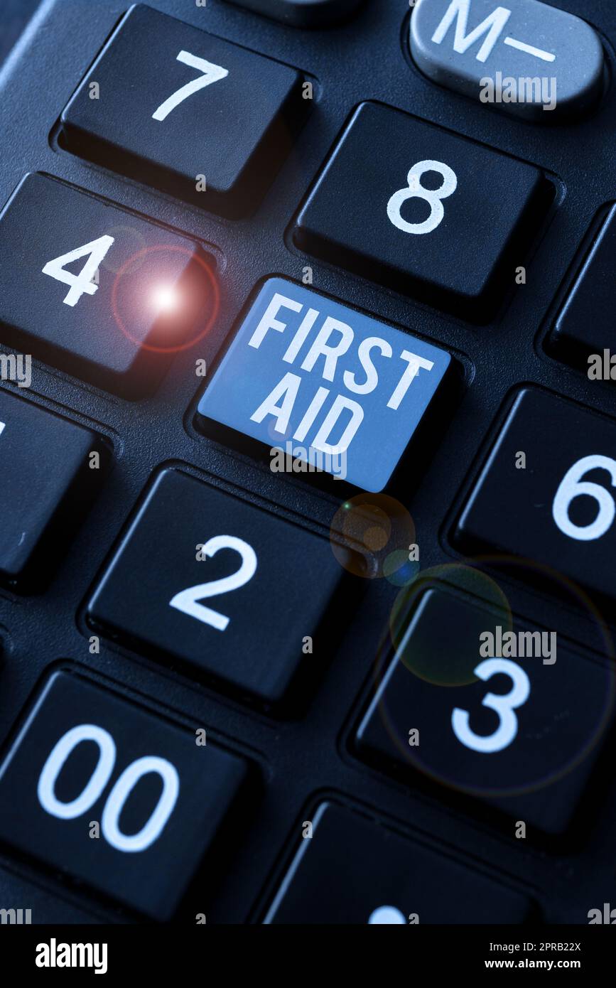 Text caption presenting First Aid. Concept meaning Practise of healing ...