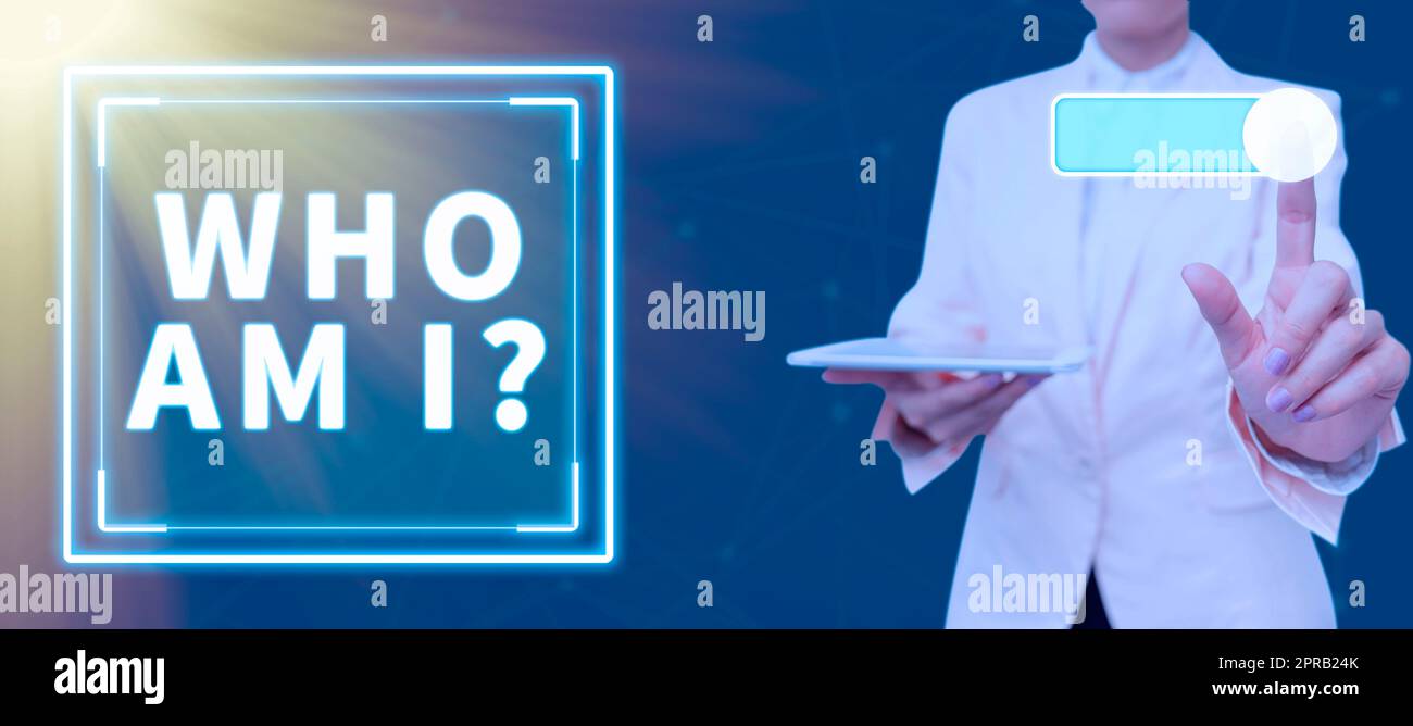 Hand writing sign Who Am I. Conceptual photo Introduce Identify ...