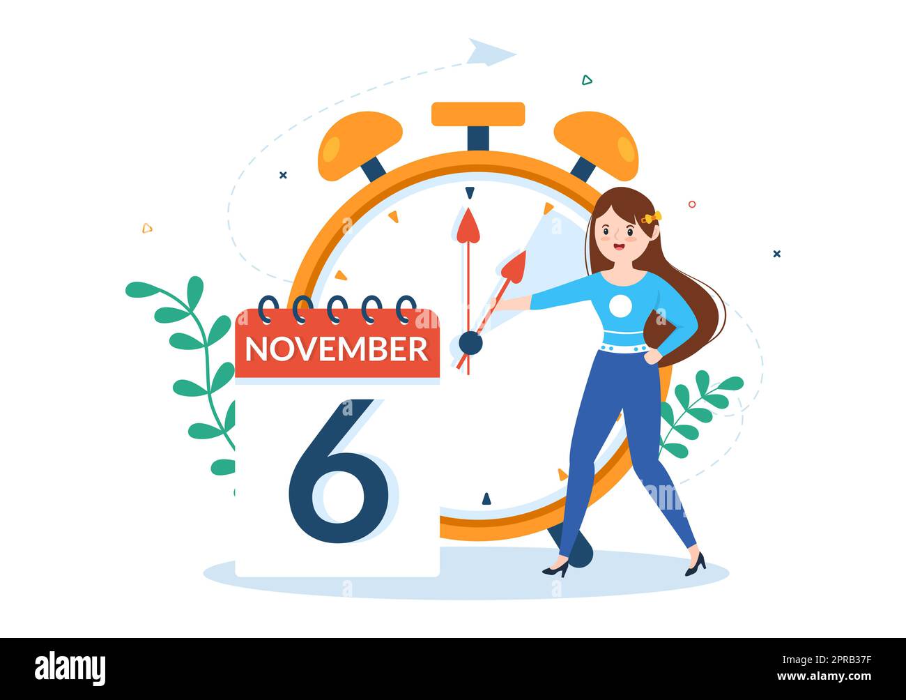 Daylight Savings Time Hand Drawn Flat Cartoon Illustration with Alarm ...