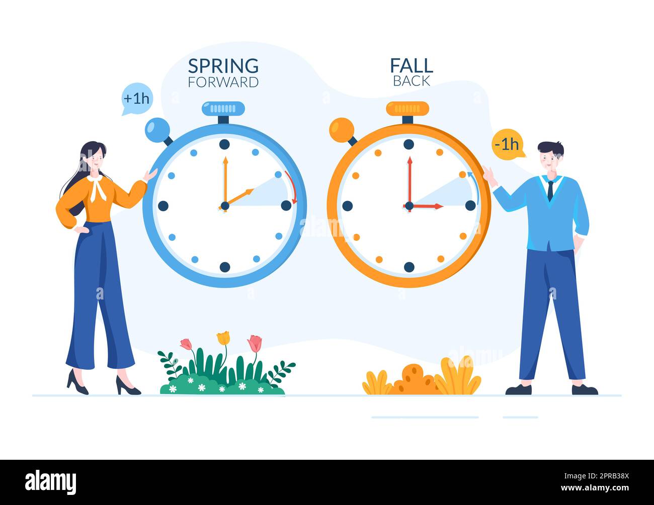 Daylight Savings Time Hand Drawn Flat Cartoon Illustration with Alarm ...