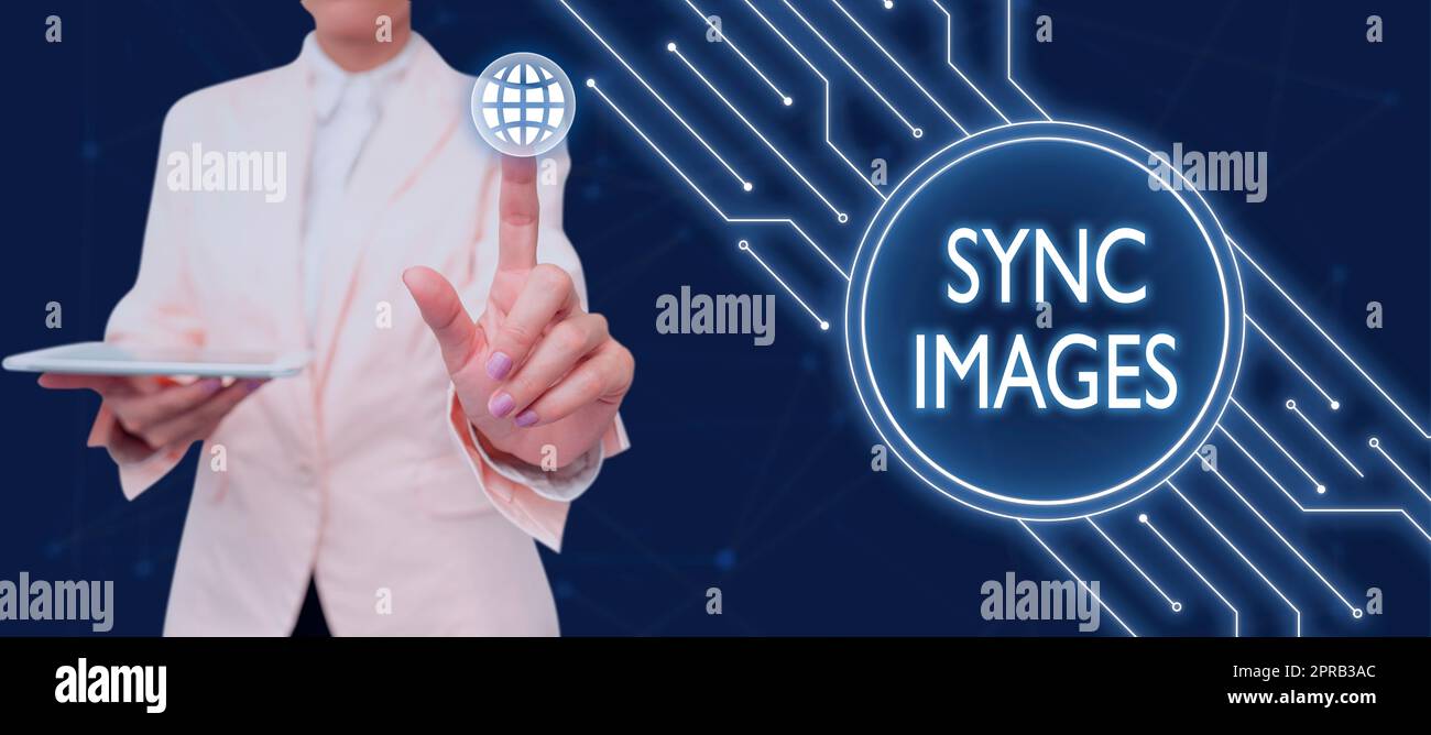 Text sign showing Sync Images. Business idea Making photos identical in ...